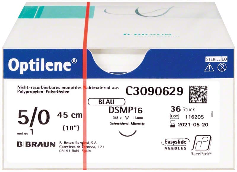 Optilene sutur blå 5/0 DSMP 16 45 cm 36 stk - DENTALSPAR AS